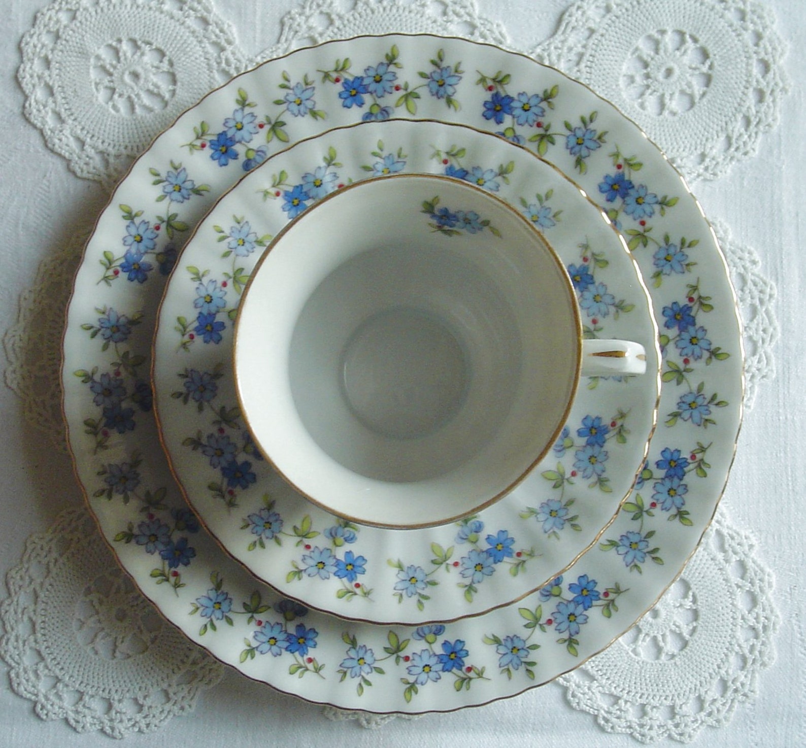 Forget-me-nots - Royal China - 1970s Vintage - TEACUP, SAUCER & PLATE ...