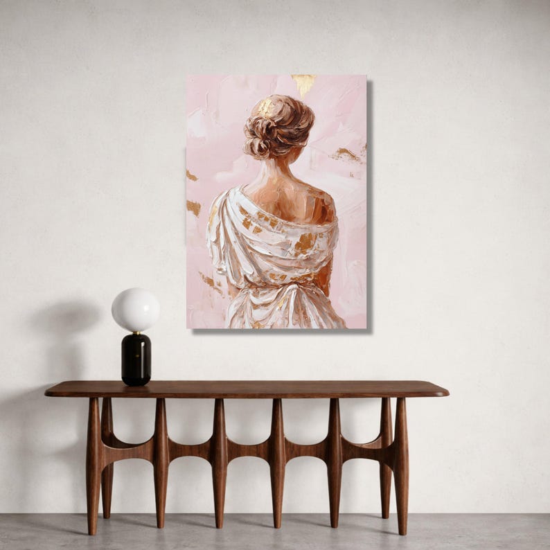 Woman Back View Painting, Soft Pink Gold Accents, Classic Portrait ...