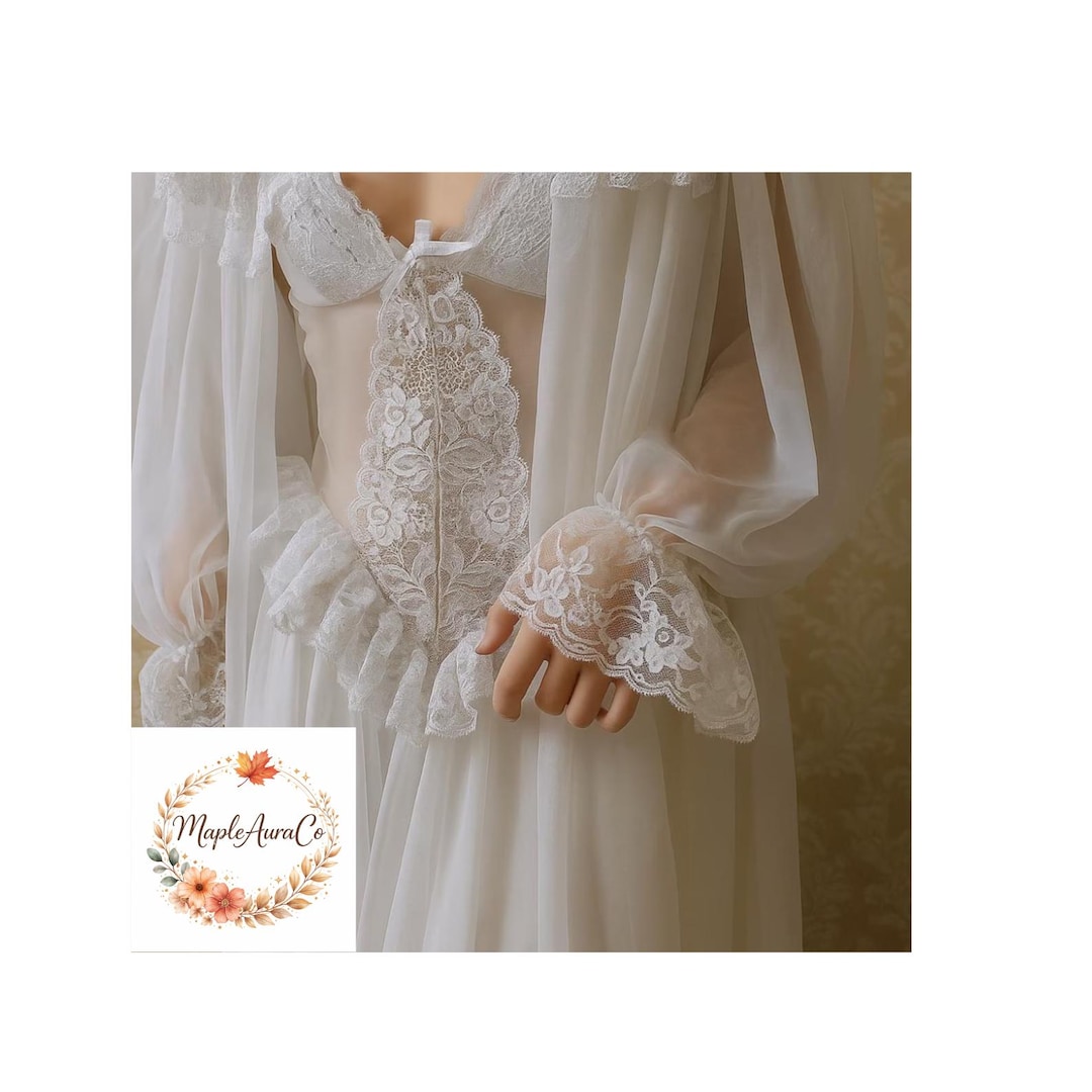 Sheer Lace Bridal Peignoir Set – Vintage French Chiffon Nightgown ...