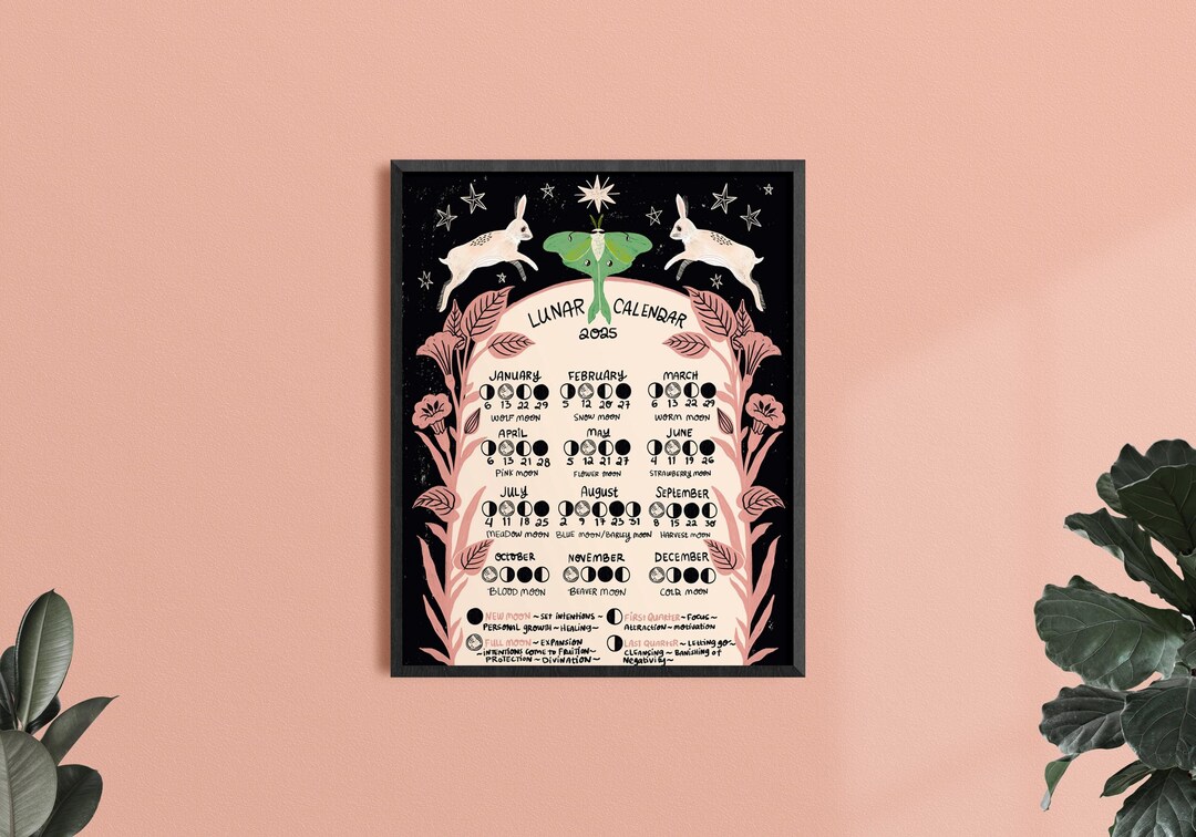 Lunar Calendar 2025, Moon Phases Art, Celestial Art, Astronomy Gift ...