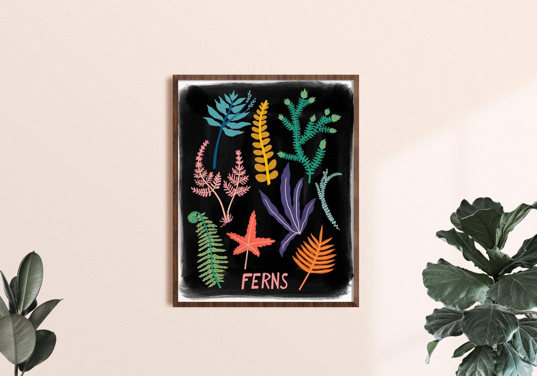 Stampa artistica di felci colorate, arte popolare vegetale, arredamento ...