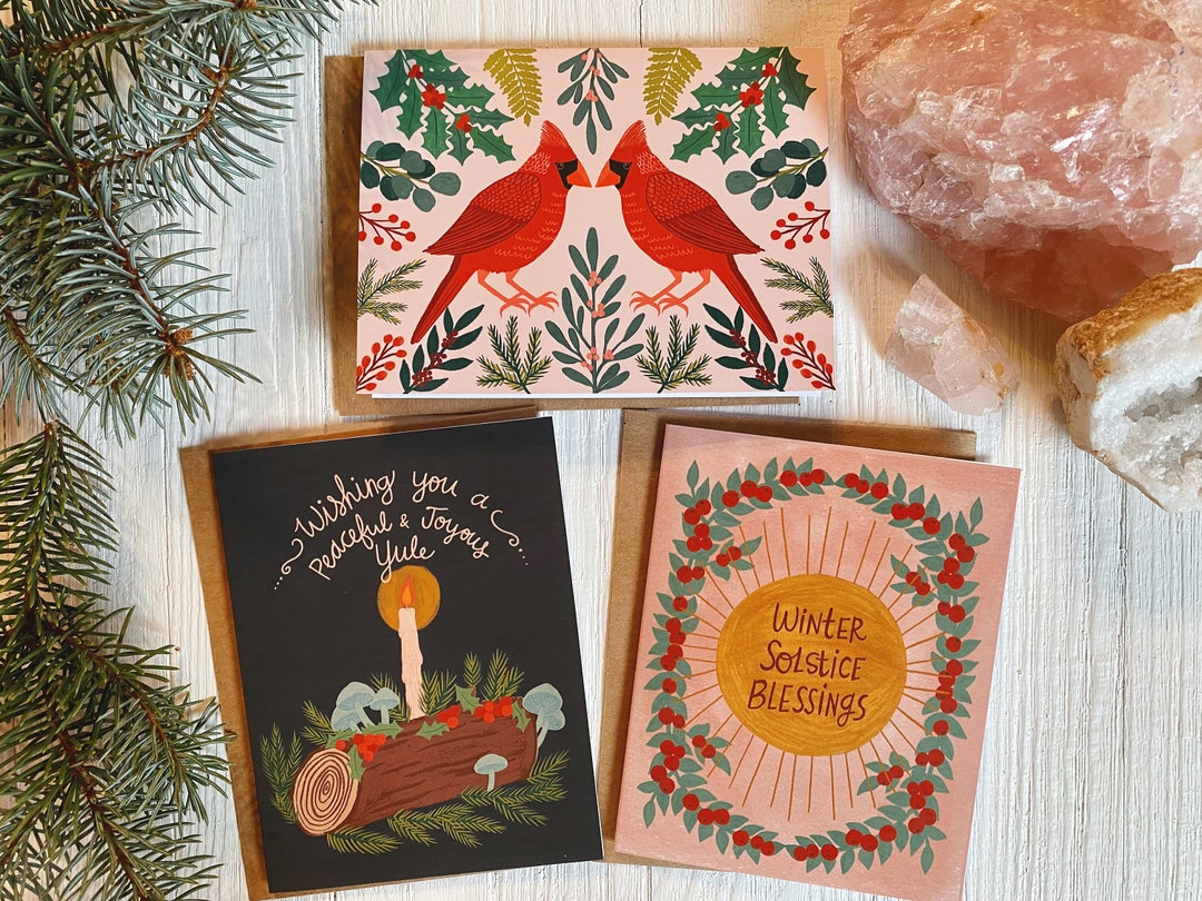 Yule Cards Set, Winter Solstice Notecards, Witchy Holiday Cards, Blank ...