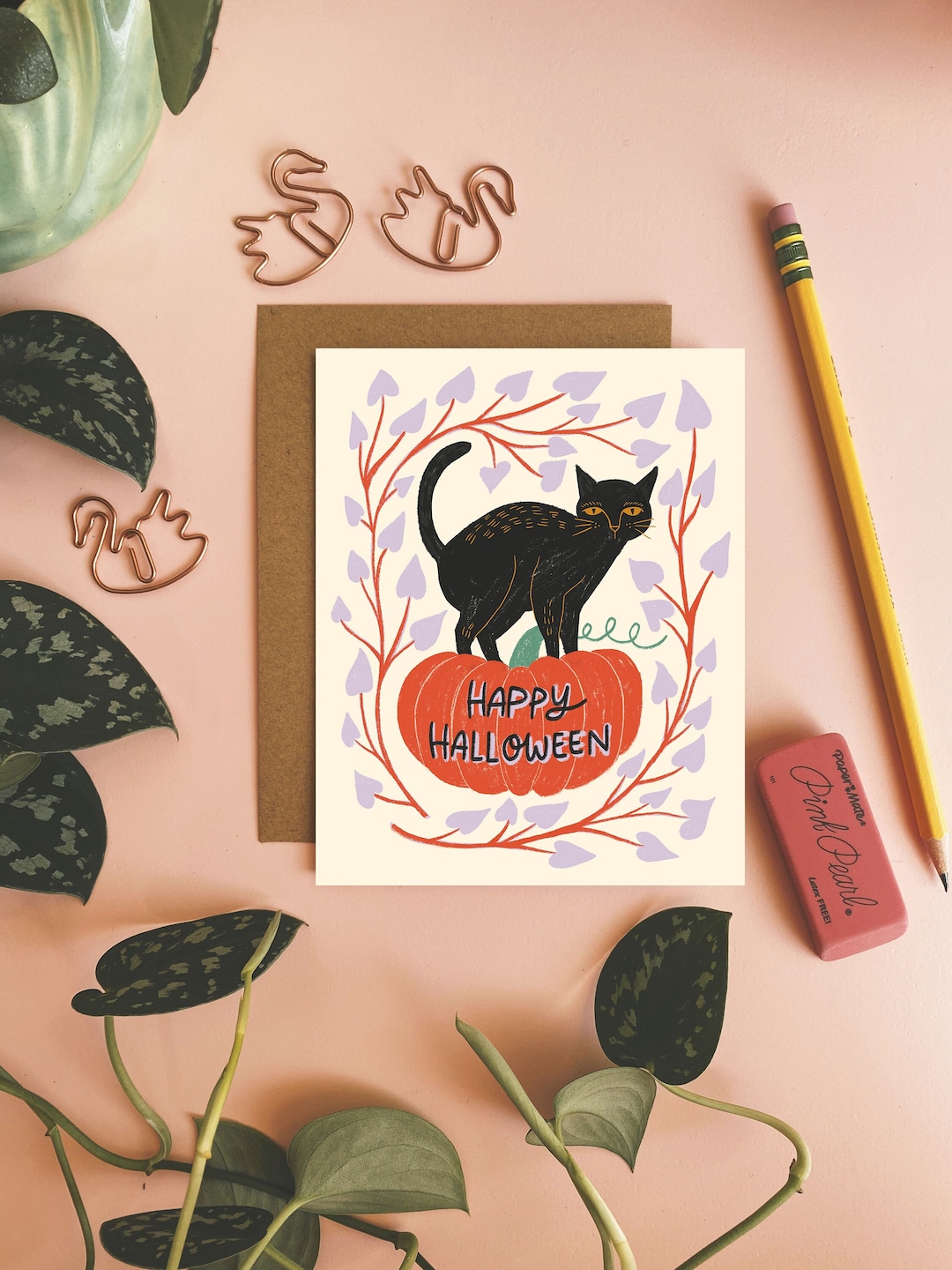 Happy Halloween Card, Black Cat on Pumpkin Card, Blank Halloween Card ...