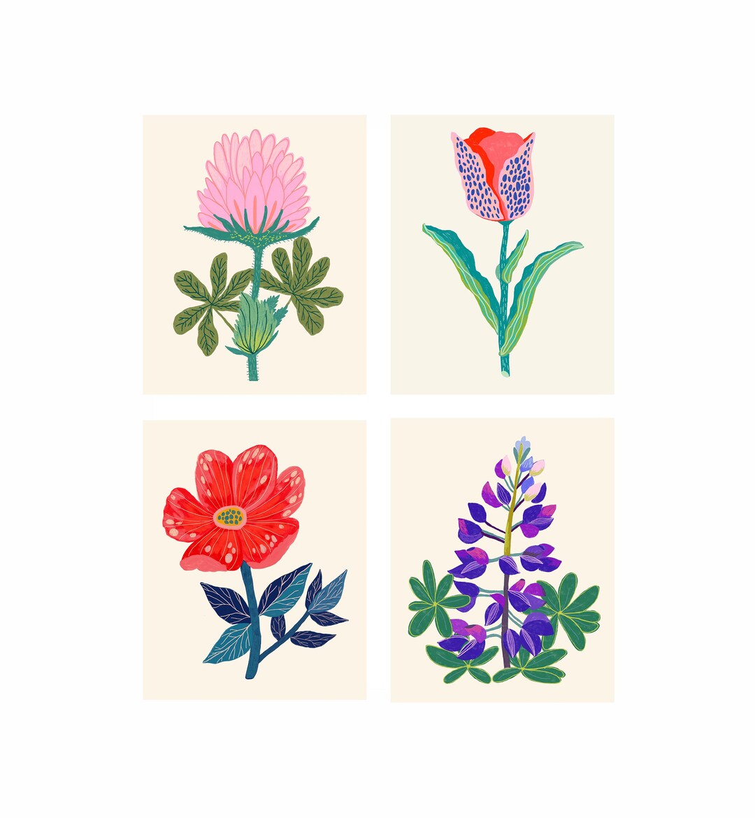 Floral Print Set, Botanical Art, Flower Prints, Set of 4, Gallery Wall ...
