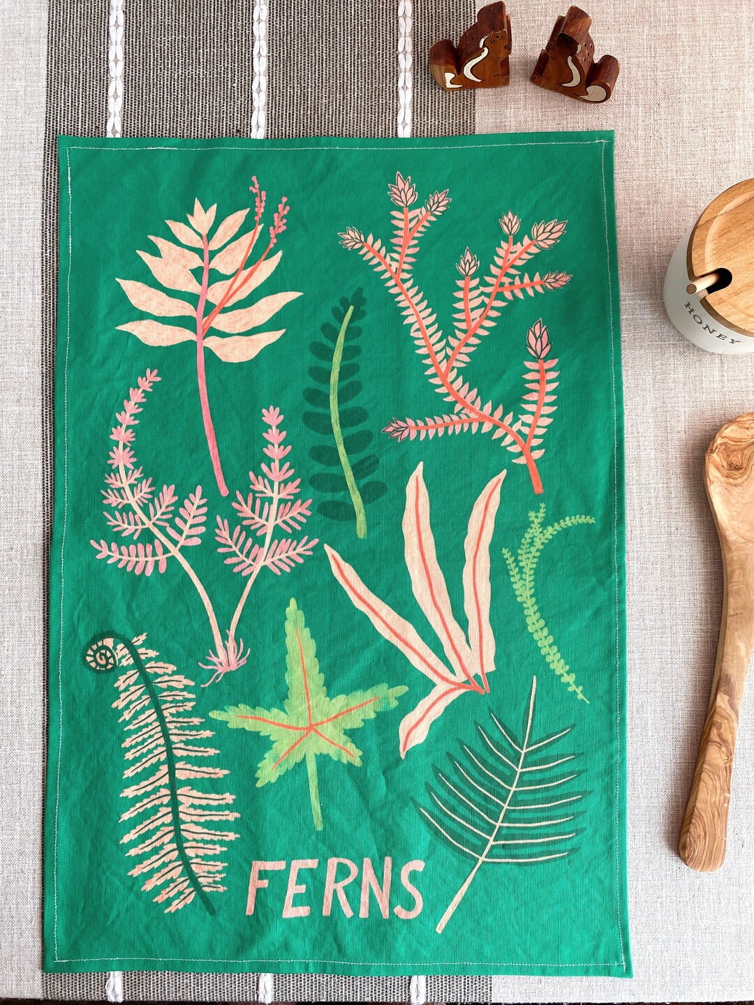Pink Fern Tea Towel, Cottagecore Decor, Boho Kitchen Towel, Botanical ...