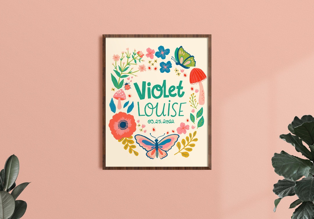 Baby Name Art, Colorful Nature Wall Art, Butterflies and Mushrooms ...