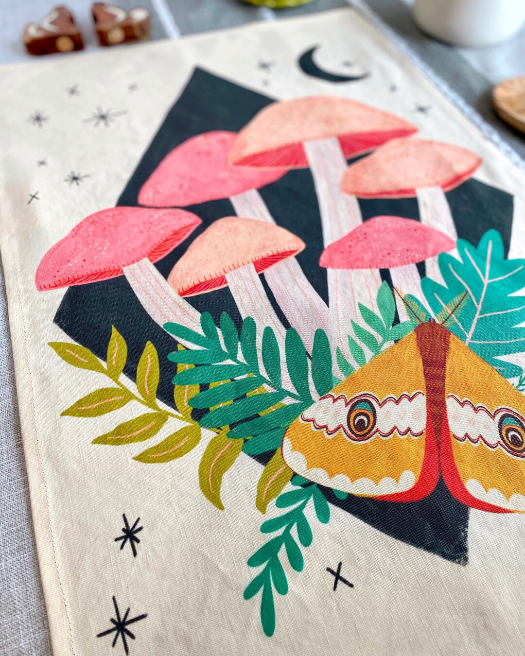 Moth Tea Towel, Witchy Gift, Mushroom Dish Towel, Boho Decor, Toadstool ...