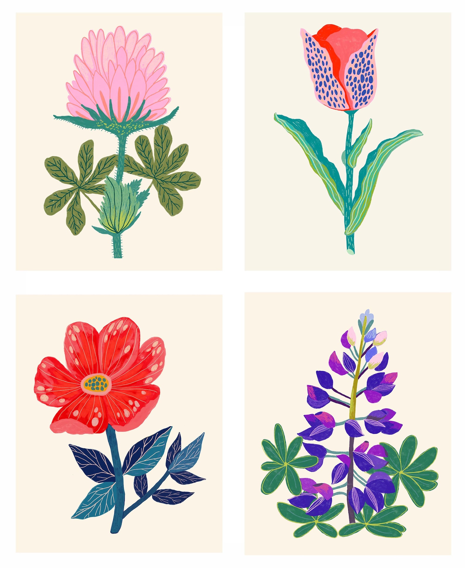 Floral Print Set, Botanical Art, Flower Prints, Set of 4, Gallery Wall ...