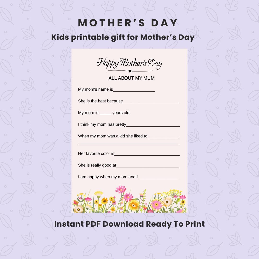 All About My Mum – Mother's Day Gift PDF Instant Download Printable - Etsy