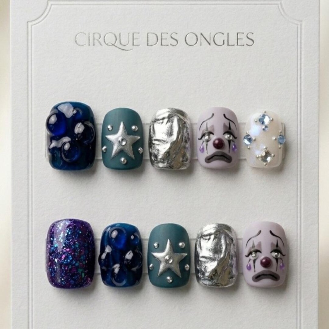 Sad Clown Star Press on Nails, 3D Chrome Jelly Blue Pierrot Short Glue ...