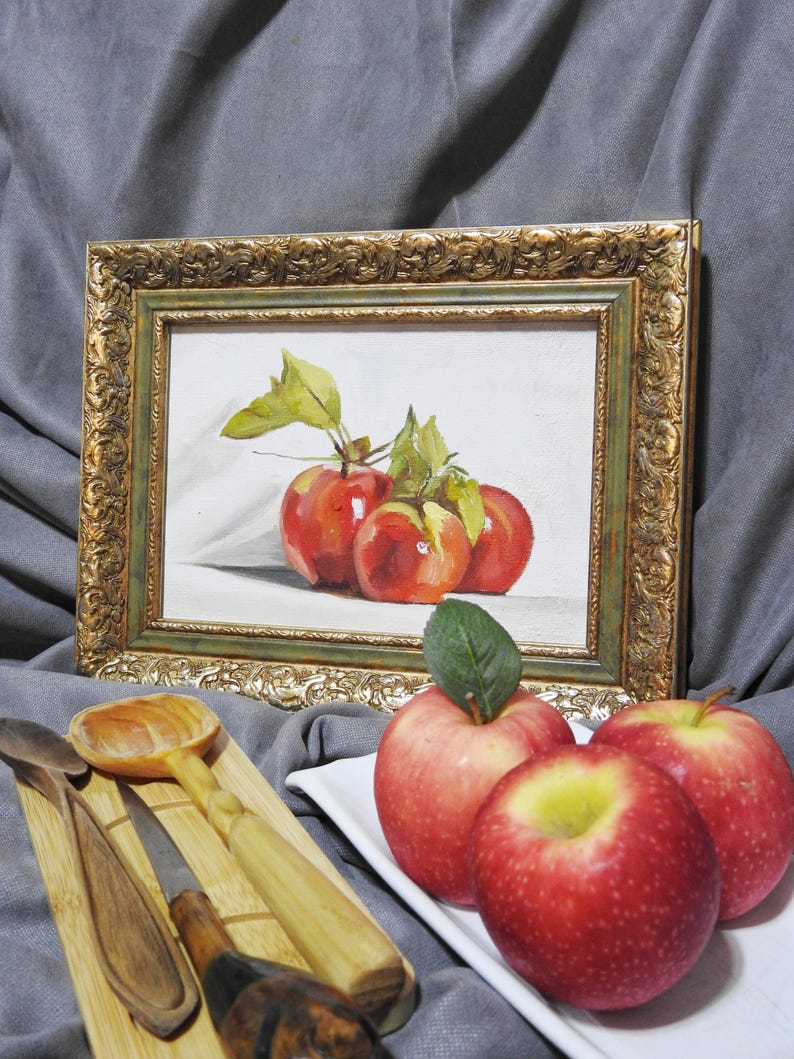 Apple Original Painting: Still Life Art Fruit Oil Artwork Impasto Wall ...