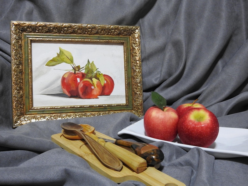 Apple Original Painting: Still Life Art Fruit Oil Artwork Impasto Wall ...