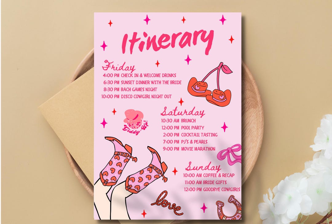 Disco Cowgirl Bachelorette Weekend Schedule Template | Last Rodeo Bach ...