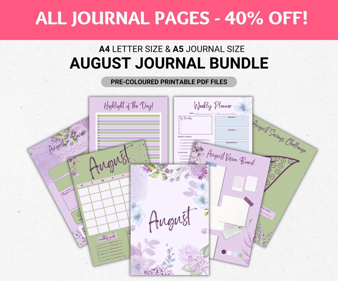 August Floral Themed Journal Bundle – Pre-coloured Printable Planner ...