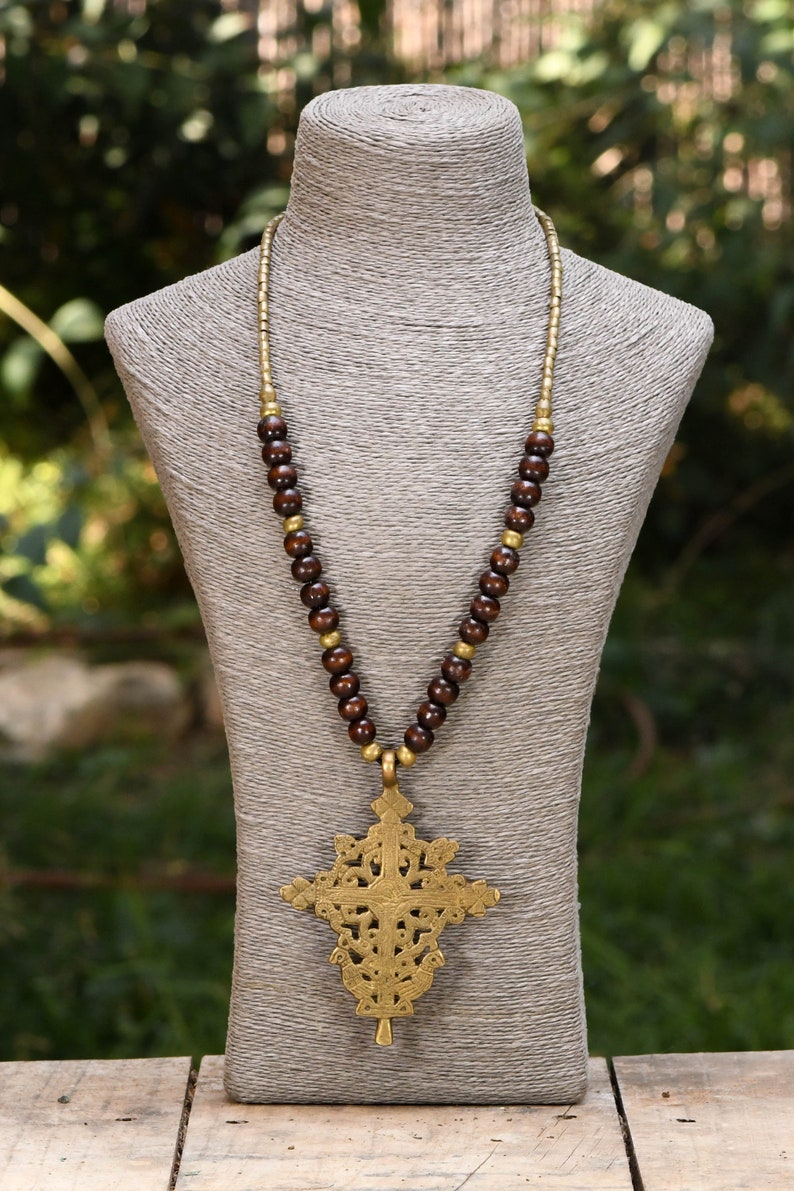 African Cross Ethiopian Beaded Necklace Men Round Wood Brown - Etsy
