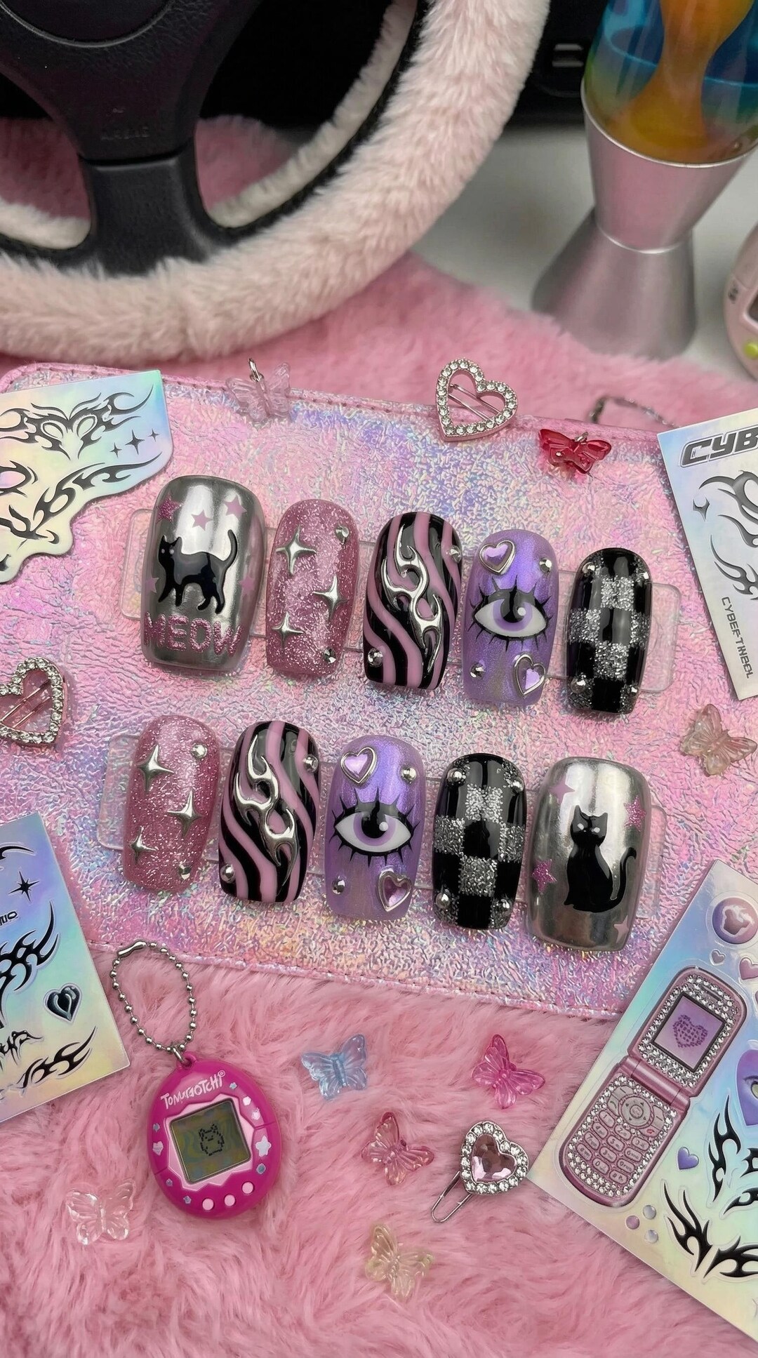 Y2K Black Cat Evil Eye Press on Nails – Pink Glitter Chrome ...