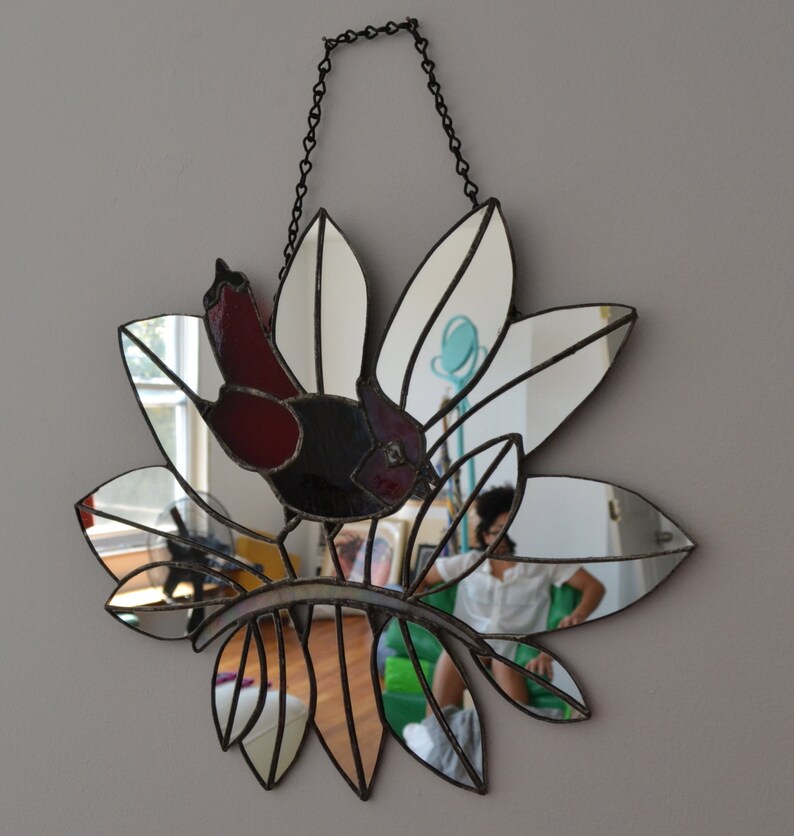 Stained Glass Bird in Mirrored Plant - Etsy