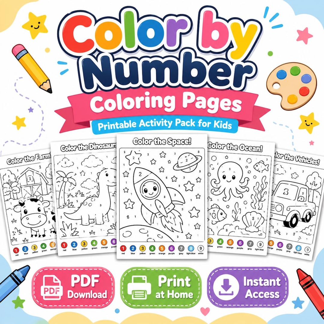 Color by Number Coloring Book for Kids, 20 Printable Pages, Preschool ...