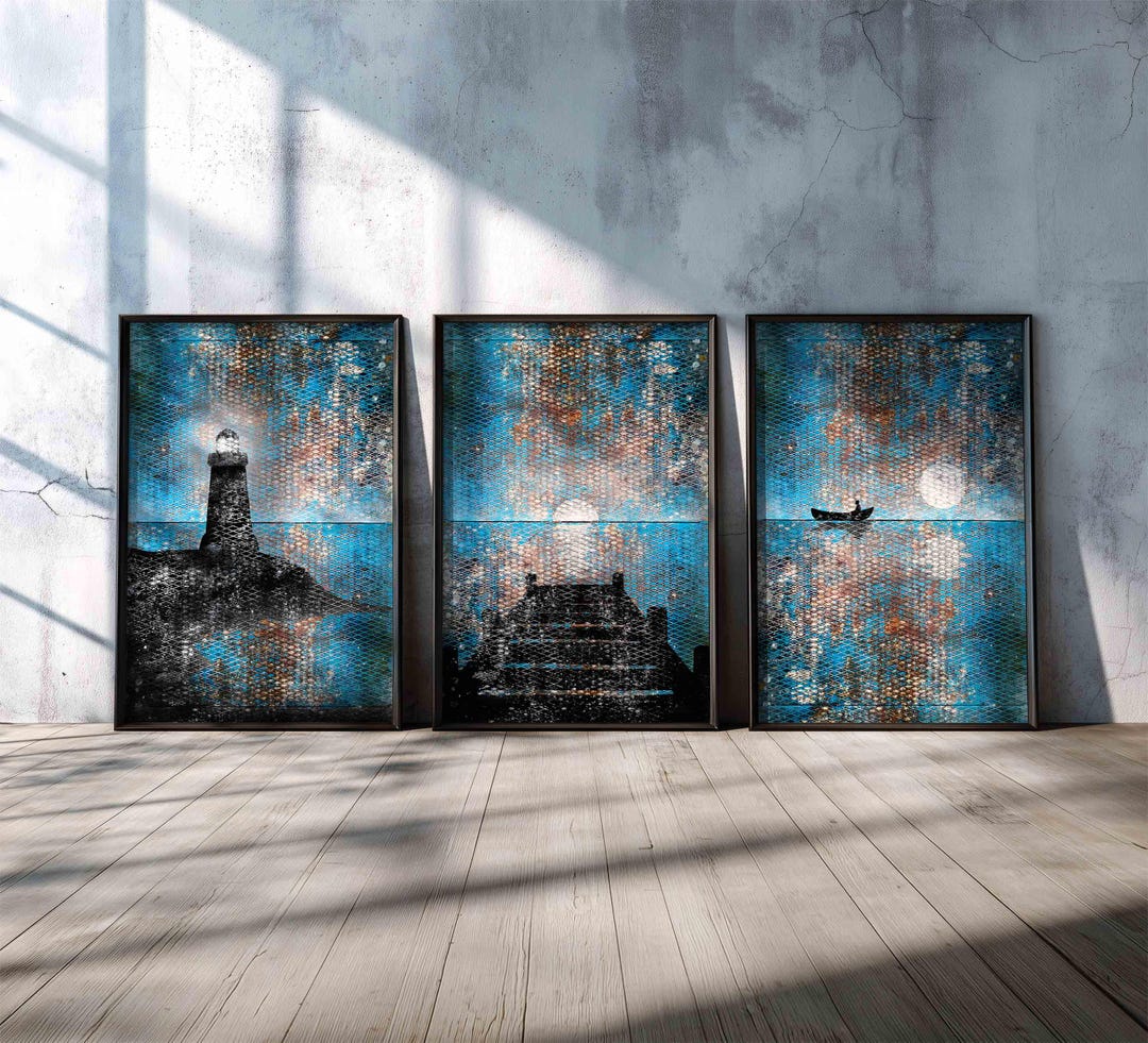 Coastal Triptych Wall Art, Lighthouse Boat Pier Textured Decor (digital ...