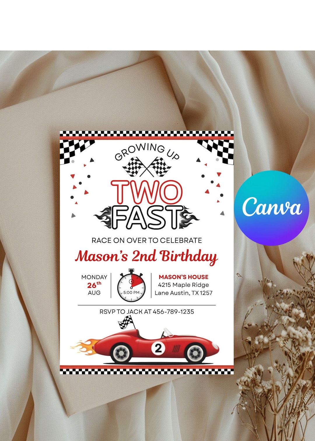 Two Fast Racing Car Birthday Invitation | Kids Printable Party Invite ...