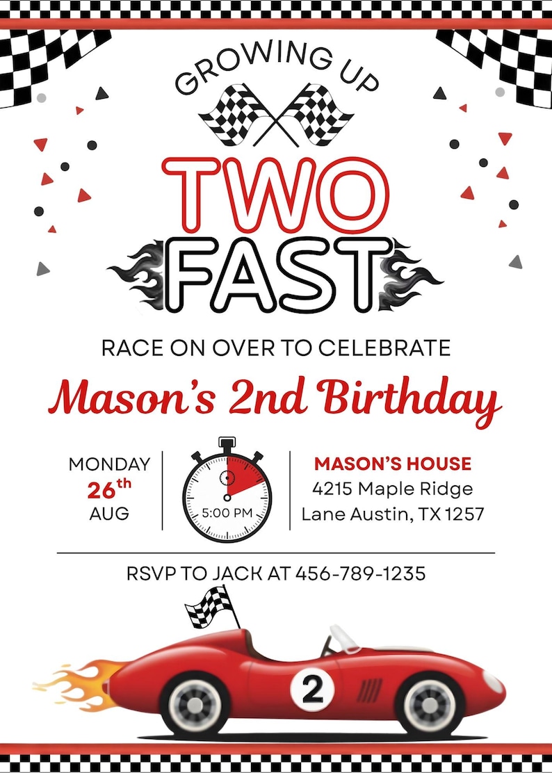 Two Fast Racing Car Birthday Invitation | Kids Printable Party Invite ...