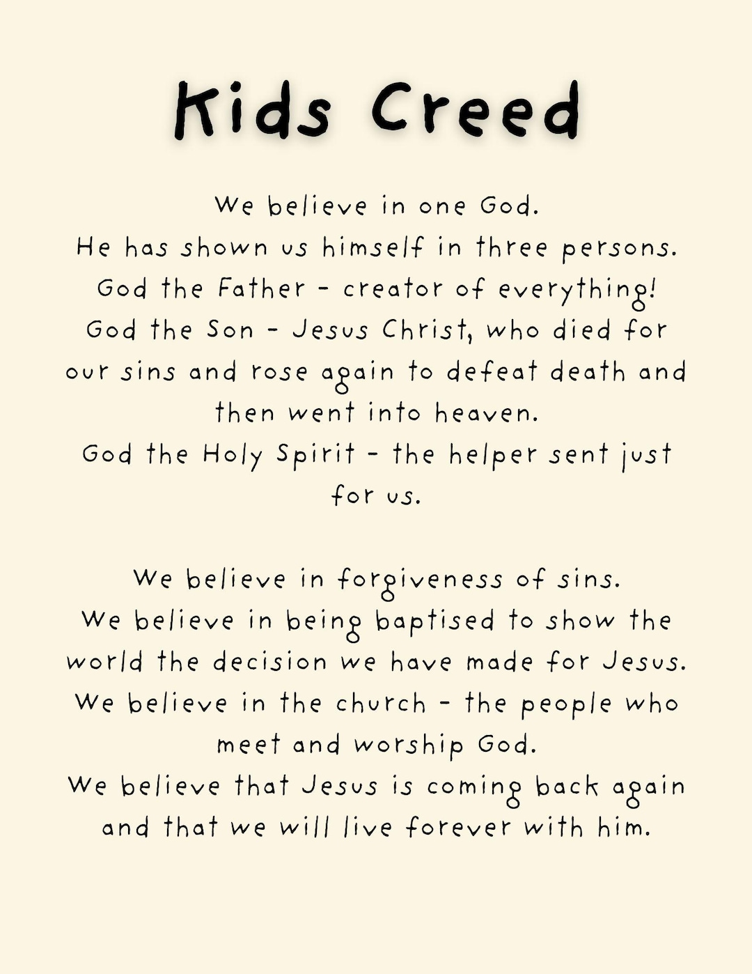 Kids Creed (nicene Creed) Christian Wall Print Digital Download - Etsy