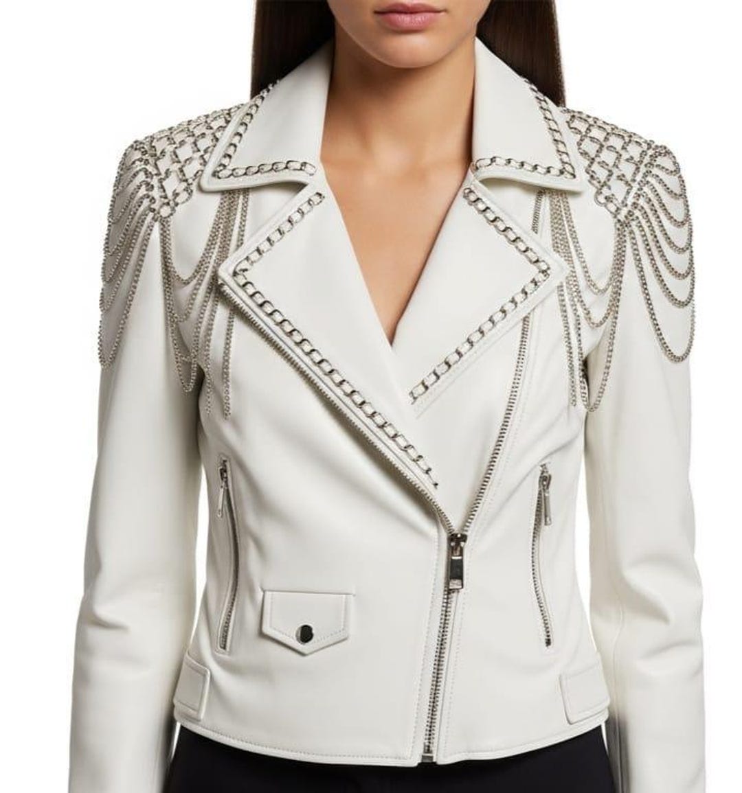 White Genuine Leather Jacket With Chain Embellishments – Handmade Biker ...
