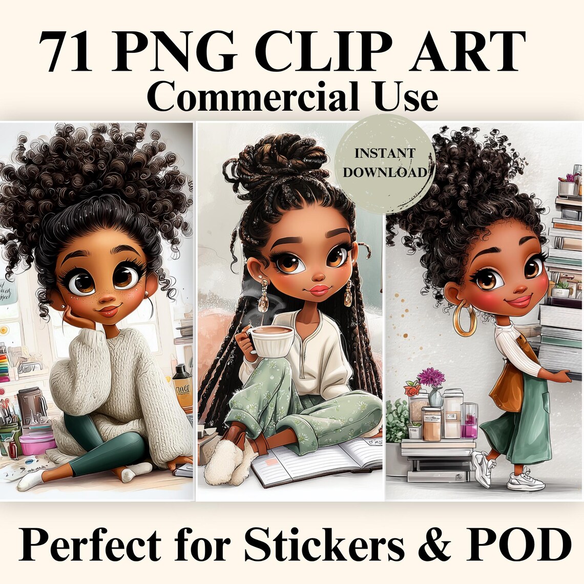 Black Girl Crafting Clipart Bundle, African American Planner Girl PNG ...