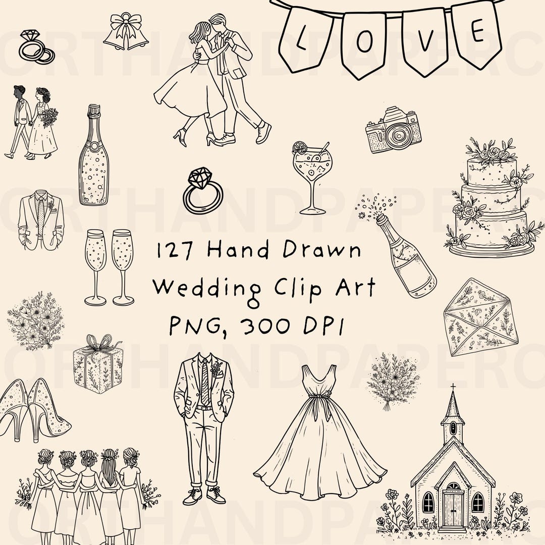 Wedding Clipart Bundle 127 PNG, Bridal Shower, Bride Groom, Dress, Car ...