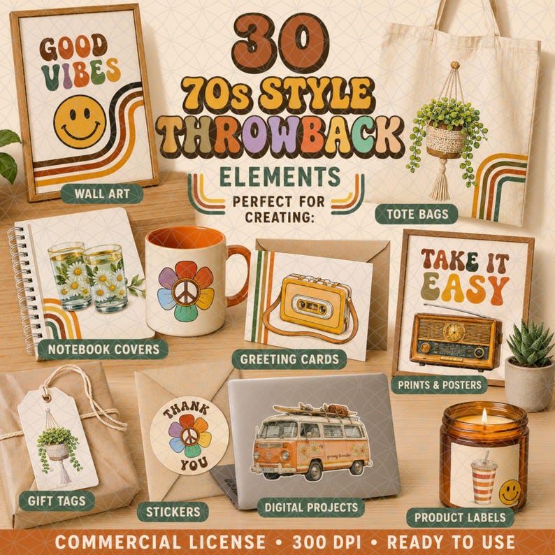70s Clipart Bundle PNG, 30retro Nostalgia Graphics, Groovy Throwback ...