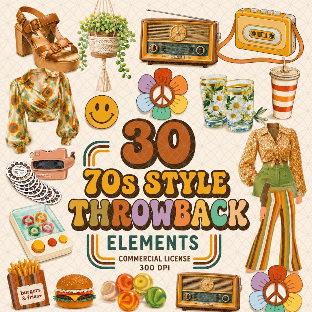 70s Clipart Bundle PNG, 30retro Nostalgia Graphics, Groovy Throwback ...