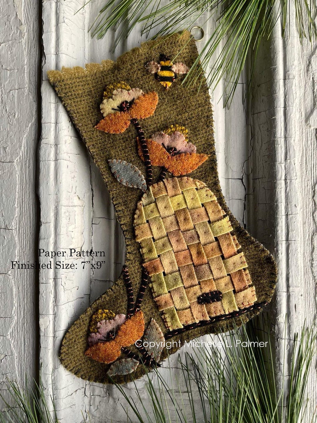 Fraktur Bee Skep Stocking Mini Appliqué Embroidery PHYSICAL PAPER ...