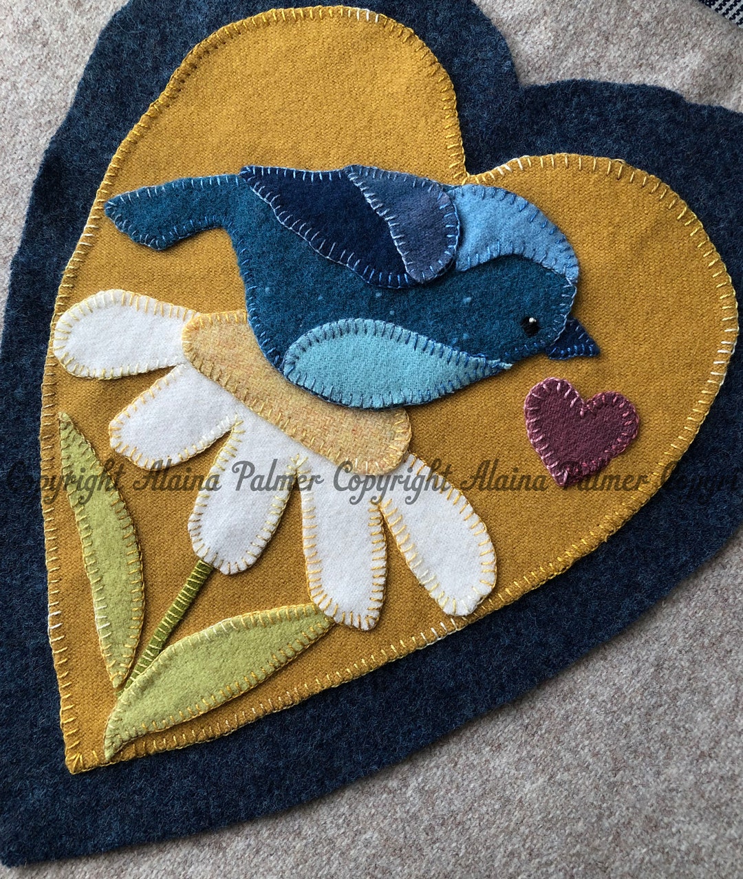 Valentine Bluebird Daisy Wool Appliqué Embroidery DIGITAL Jpeg and PDF ...