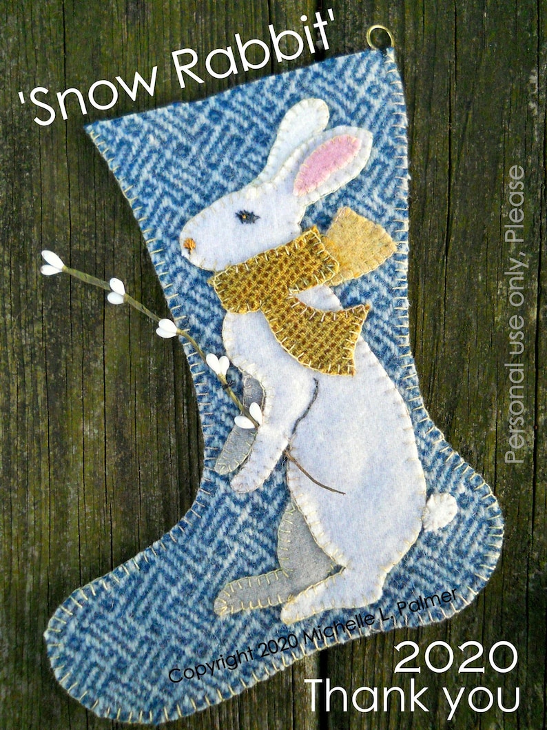 Snow Rabbit Stocking Wool Appliqué Embroidery DIGITAL Jpeg and PDF ...