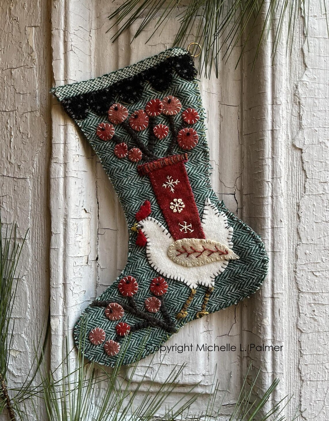 Holly Berry Hen Stocking Wool Appliqué Embroidery DIGITAL Jpeg and PDF ...