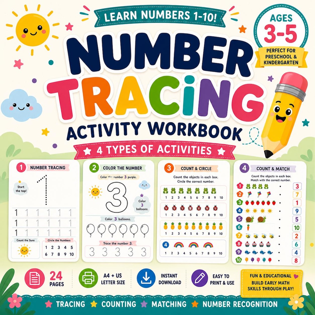 Number Tracing Workbook for Preschool & Kindergarten | 24 Printable ...