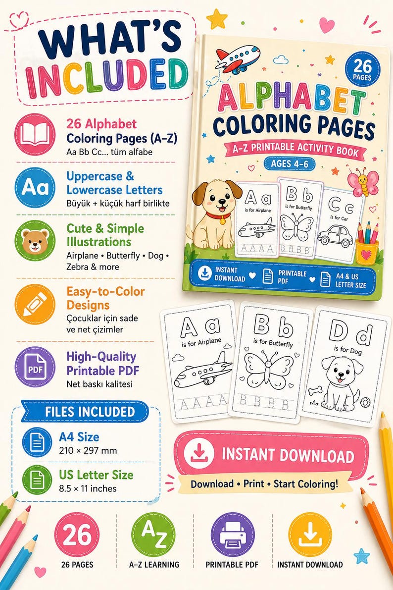Alphabet Coloring Pages A-Z Printable PDF for Kids Ages 4-6 | Preschool ...
