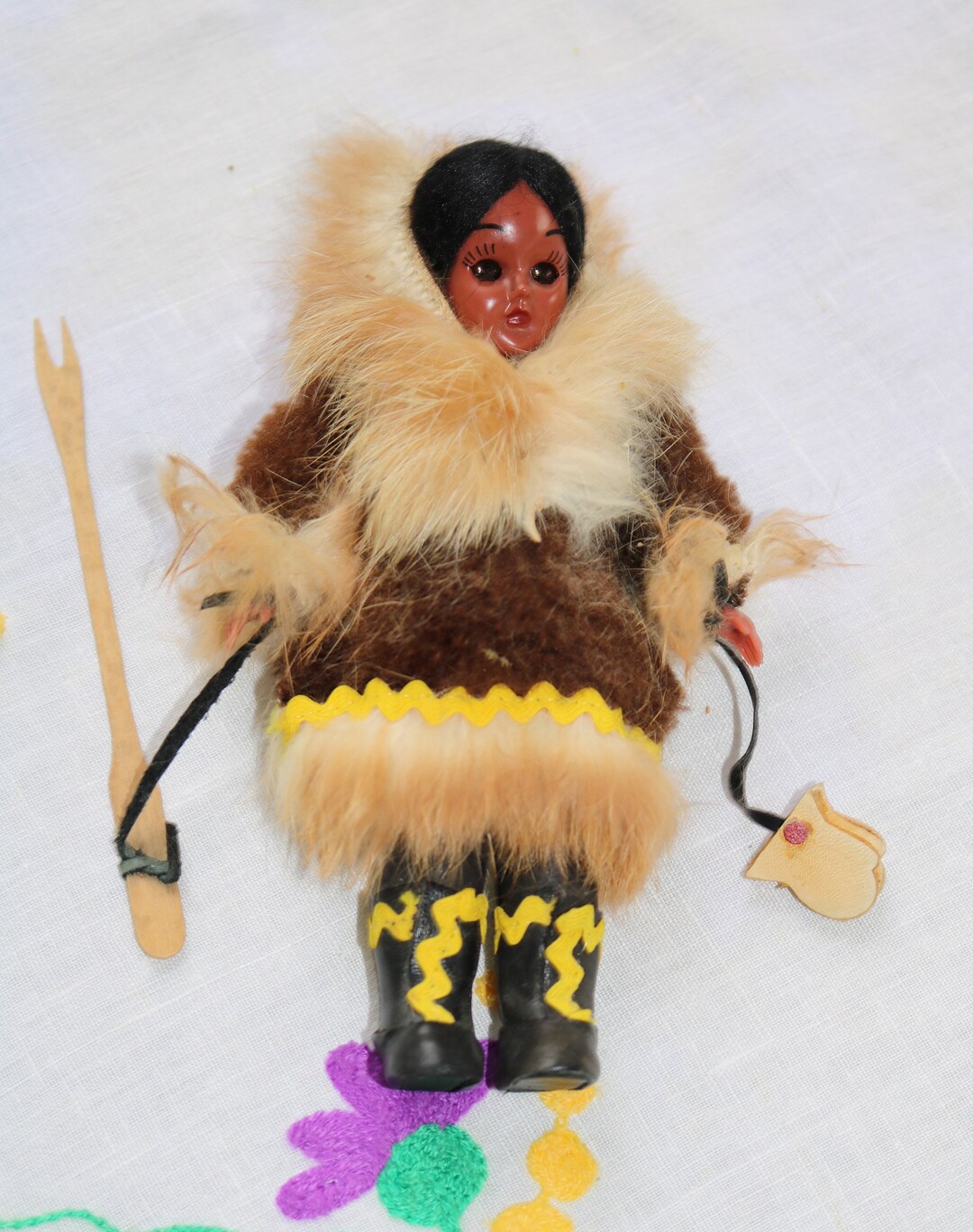 60s Native American ESKIMO DOLL Real Fur Wooden Spear and Gloves - Etsy