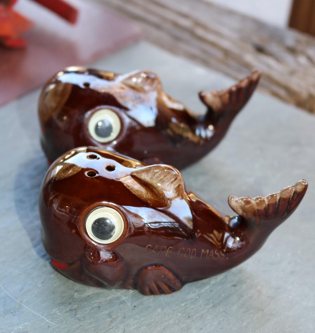 60s WHALE CAPE COD Salt & Pepper Shakers Pottery With Googly Eyes Brown ...