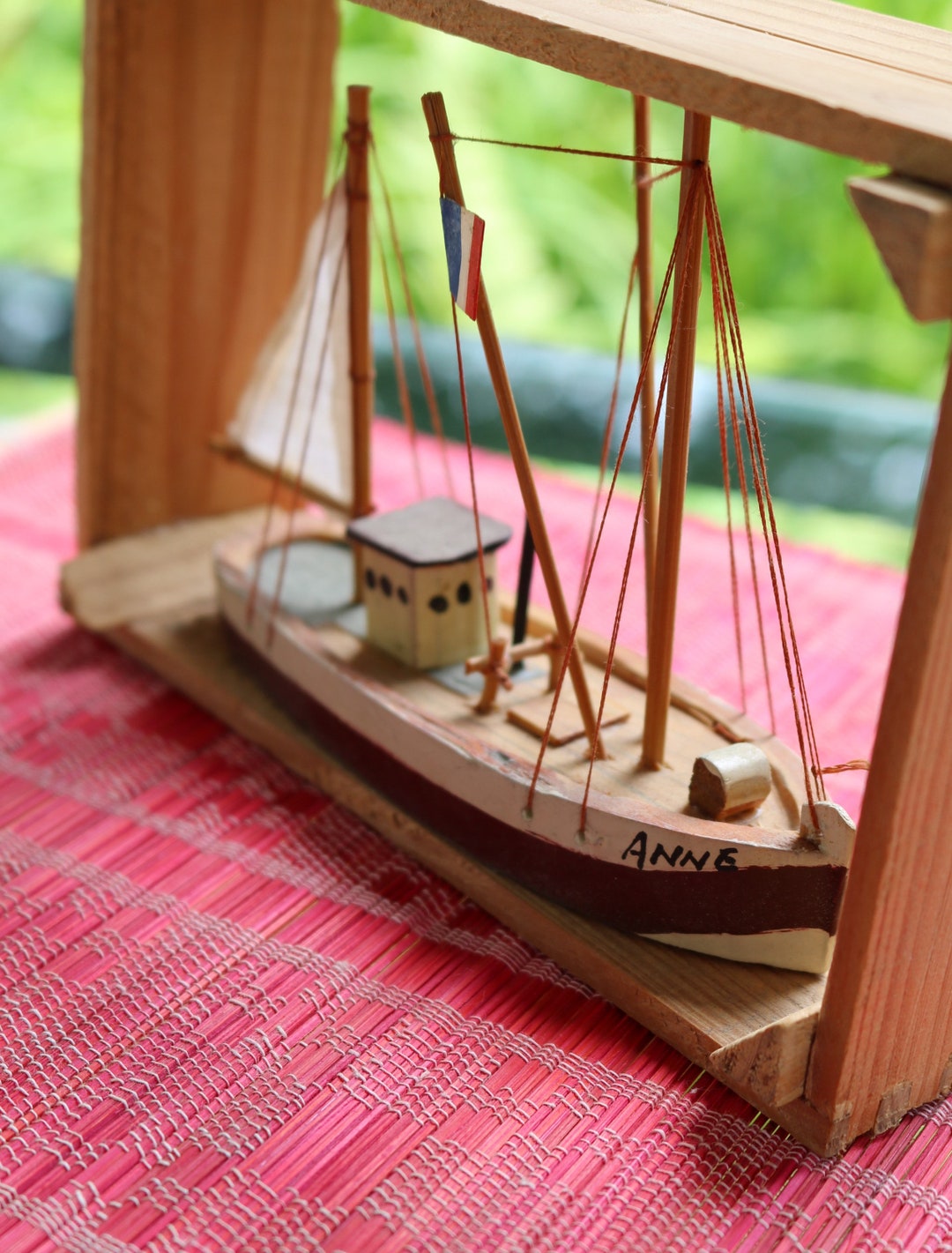 70s Hand Crafted Miniature Boat in a Crate French Flag Sail Named ANNE ...