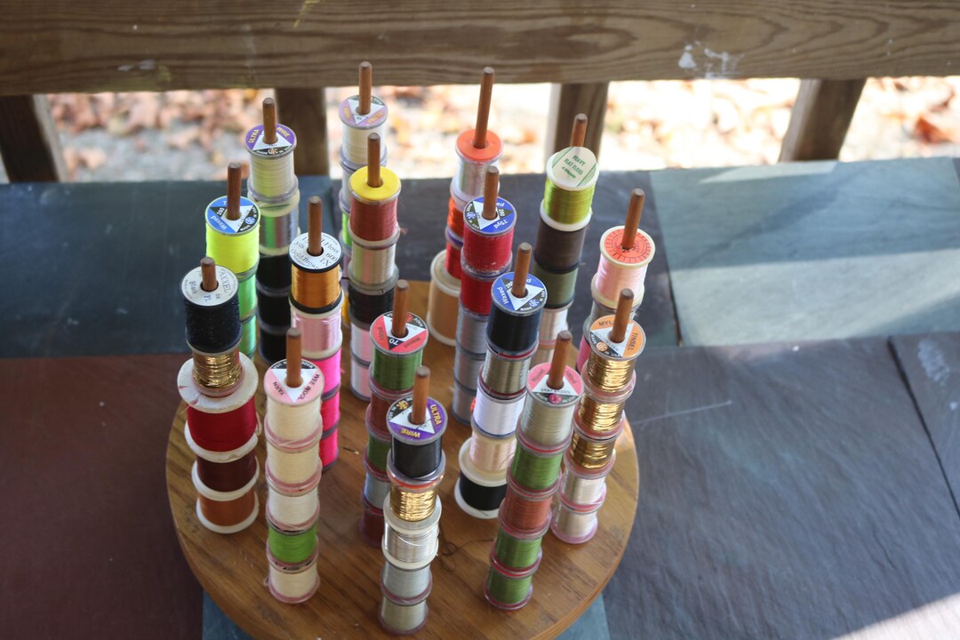Wooden Turn Style HOLDER With 80 Spools of Thread for Tying Flies Wide ...