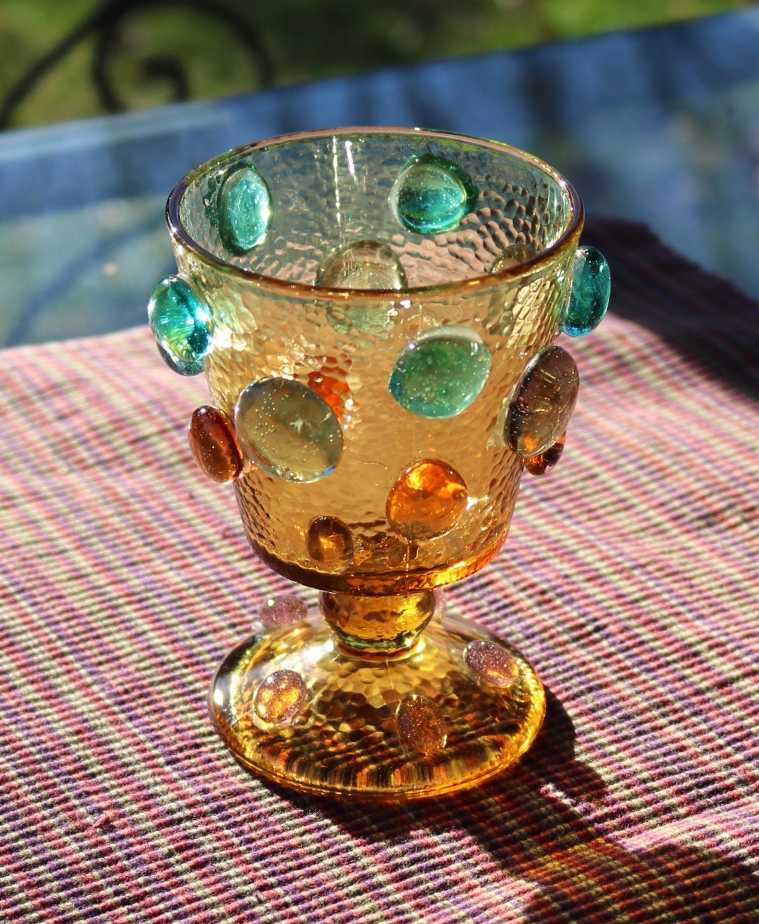 60s 70s Bedazzled Amber Goblet Pressed Glass Pebble Texture Fused Glass ...