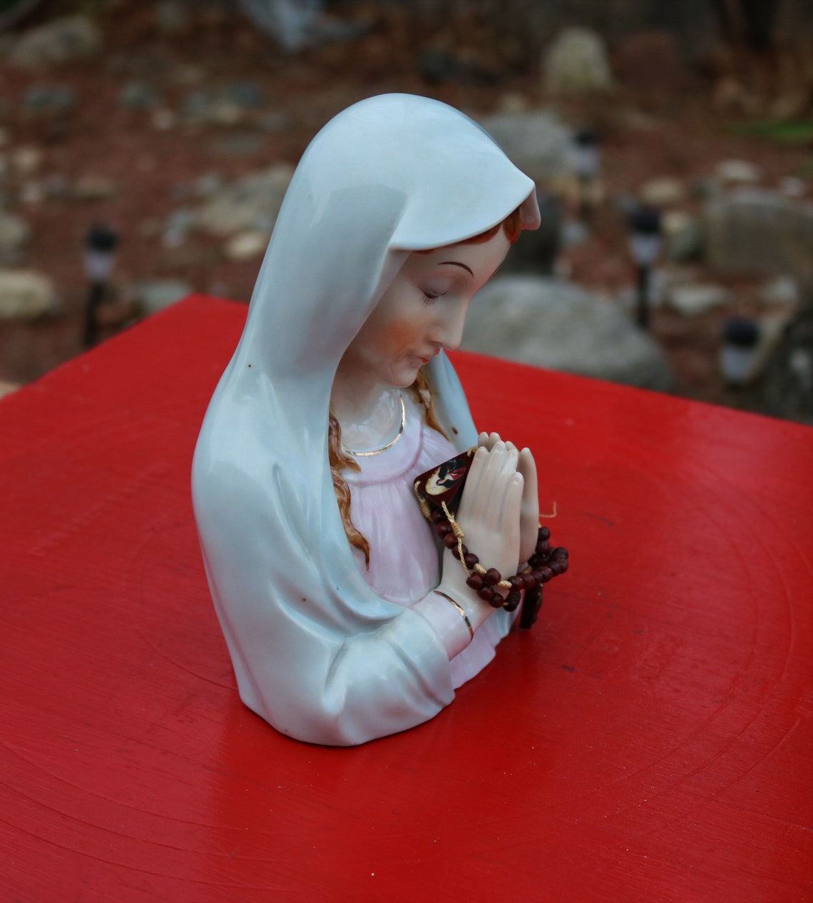 Extraordinary Ceramic MARY With Rosary and Wooden Crucifix From the ...