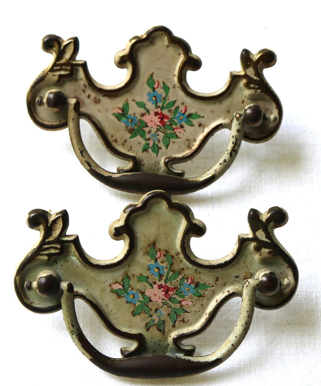 TWO Early 1900's DRAWER PULLS Shabby Chic Hand Painted on Brass - Etsy