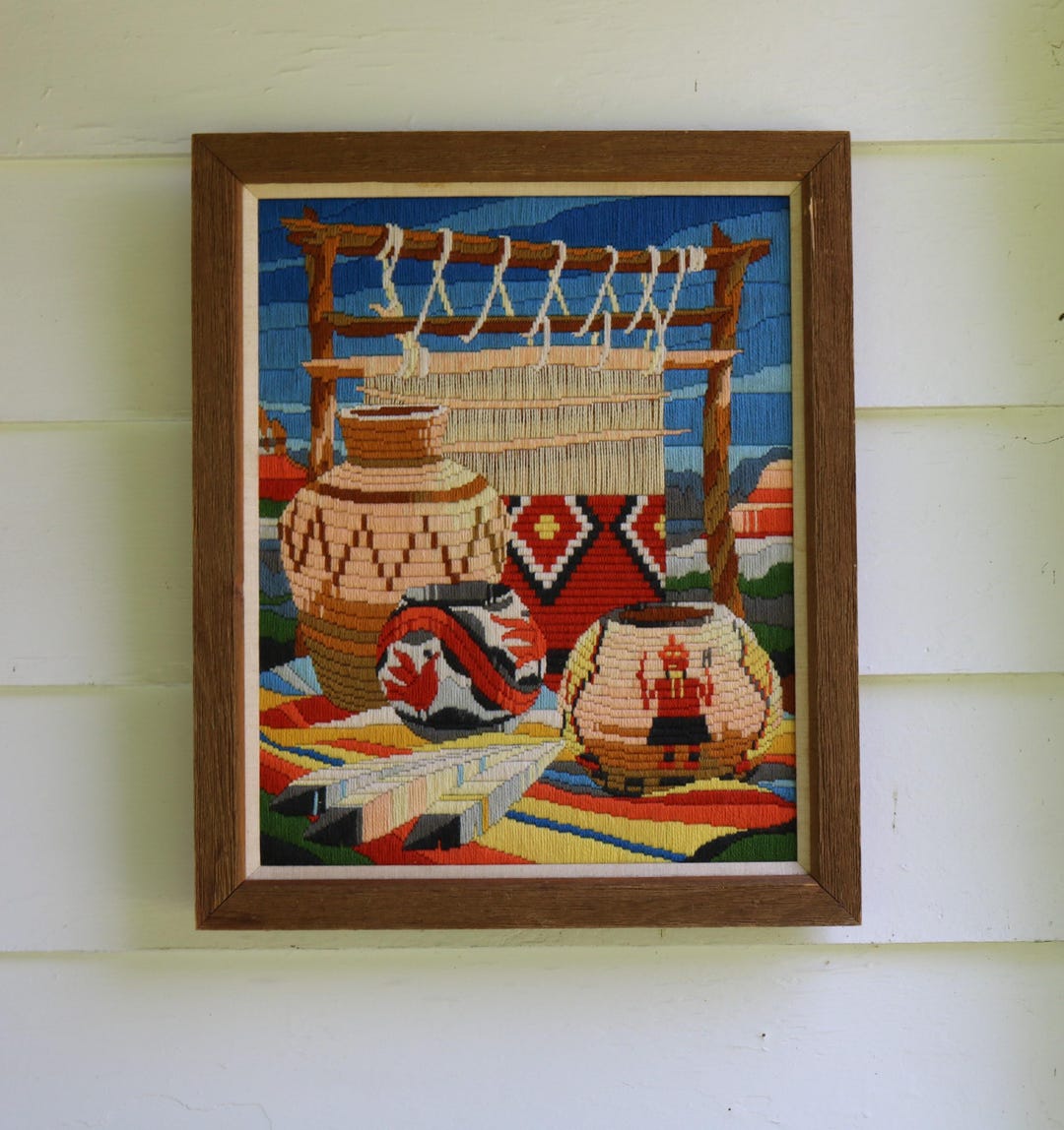 70s CREWELWORK Native American Theme Southwestern Arts & Crafts Loom ...