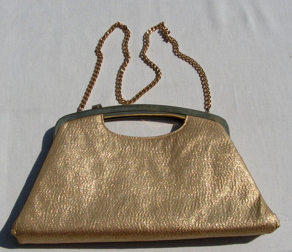 60s MOTOWN Mod Gold Lame Purse Handbag Metal Frame Ch… - Gem