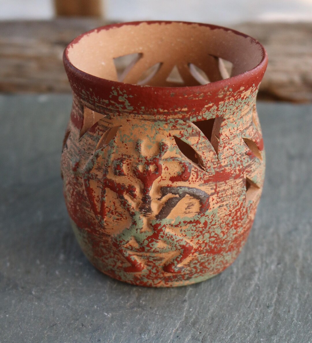 Vintage Artisan Open Eyelet Jar Native American Pottery Elk and Warrior ...