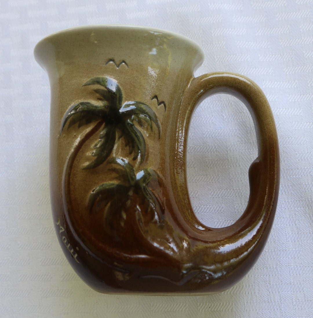 80s Artisan MAUI Souvenir Horn Shaped MUG Ombre Brown to Tan Palm Trees ...
