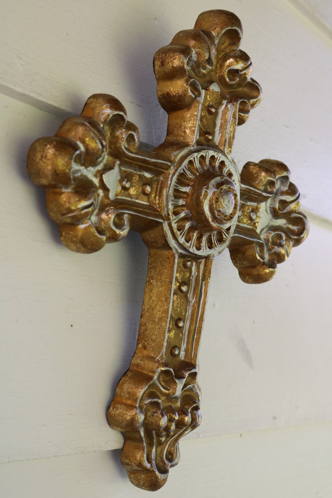 70s Heavy Resin 3d Hanging CROSS Crucifix Painted Gold and Silver 13 1/ ...