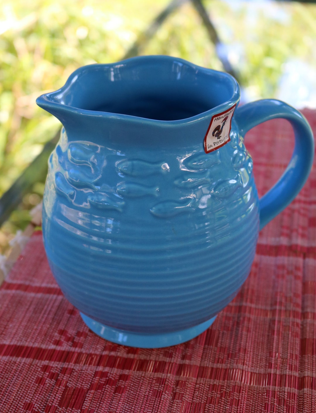 90s Handmade Bright Blue PITCHER Ribbed With Fishes Portugal by ...